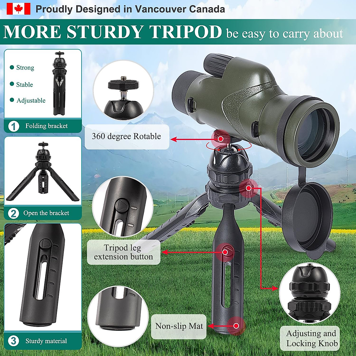 Fetch Falcon12x50 IPX7 Nitrogen Filled BAK4 FMC HD Monoculars(Eyepiece 25.5cm Waterproof Under 1 M Water 30 Minutes Never Leaks) with Phone Holder, Tripod, Hand Strap (HD IPX7 Green)