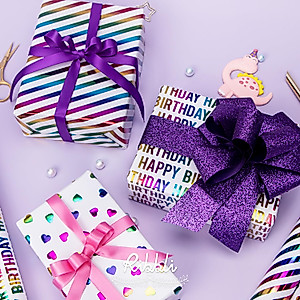 Ribbli Birthday Wrapping Paper Iridescent Gift Wrap Mini Roll, 3 Rolls Happy Birthday Heart Stripes Printed for Girls Kids - 17 inch x 120 inch(10feet) Per Roll