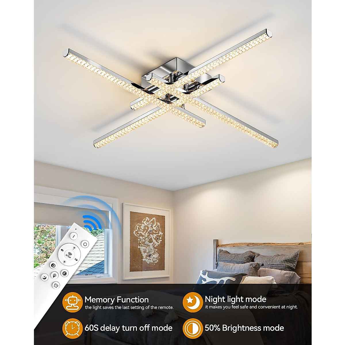 JFHTNFJ 24in Modern LED Ceiling Light, Acrylic Dimmable with Remote Control Flush Mount Ceiling Light Fixture, Silver LED Ceiling Lamp for Bedroom, Kitchen Island, Living Room, 3000K-6500K