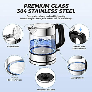 LUUKMONDE 1500W Electric Kettle, 1 L Glass Tea Kettle Light Weight, Cordless Water Boiler with LED Indicator, Auto-Shutoff & Boil-Dry Protection, BPA Free