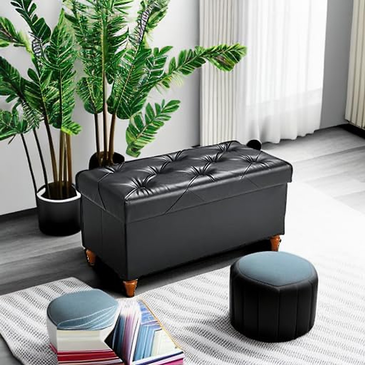 Nicehill 30 inches Folding Storage Ottoman Bench with Wooden Legs, Ottoman with Storage for Living Room & Bedroom,Faux Leather, Load 350lbs, Black