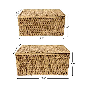 RoyalHouse Woven Stackable Storage Baskets with Lid, Decorative Rope Organizer Bin - Set of 2 (2 Sizes), Beige (No Liner)
