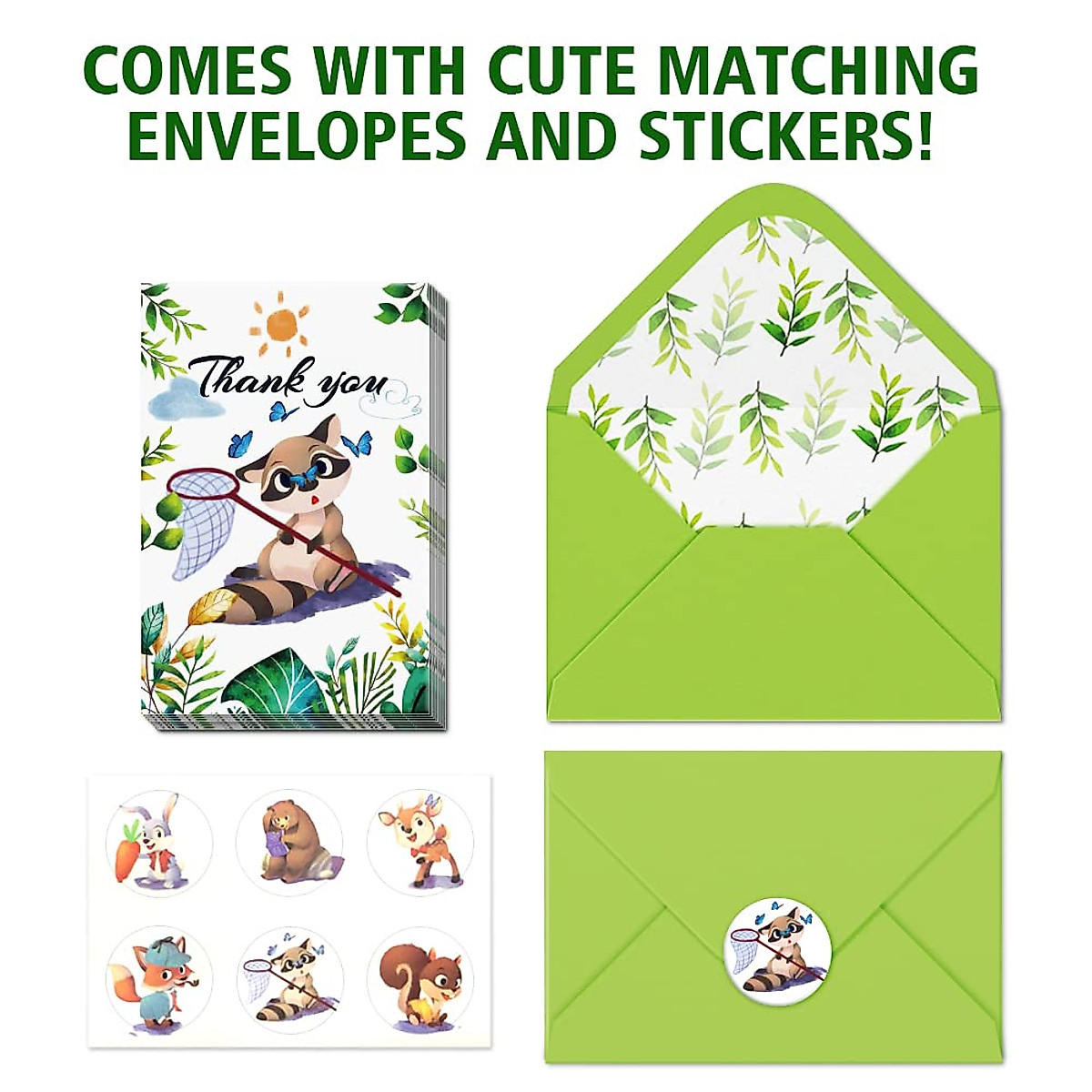 Paper Master Woodland Thank You Cards 30 Pack bulk Thank You Cards for Kids 4” × 6” Forest Animal Thank You Cards with Envelopes & Stickers for Kids Birthday Party, Baby Shower, Christmas and more