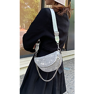 Zzfab Mesh Bing Fanny Crossbody Bags Rhinestone Clutches bling Evening Purse for Wedding and Prom Silver