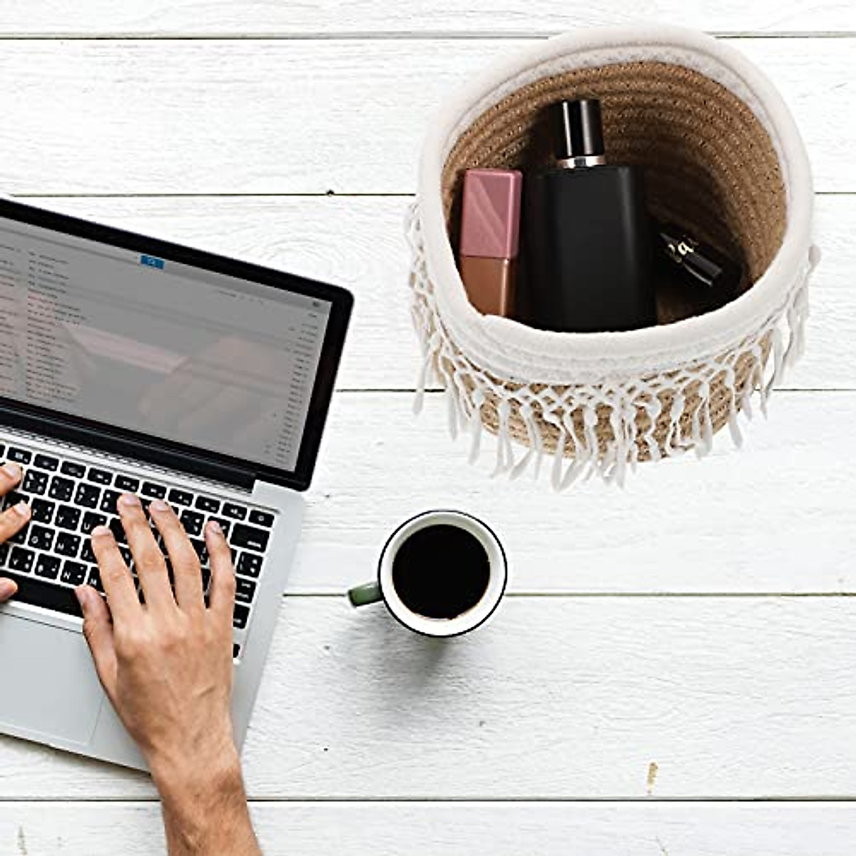 Cabilock Cotton Thread Storage Basket Boho Basket with Tassel Jute Color Farmhouse Small Laundry Basket Table Storage Braided Bin Organizer with Tassel Fringe