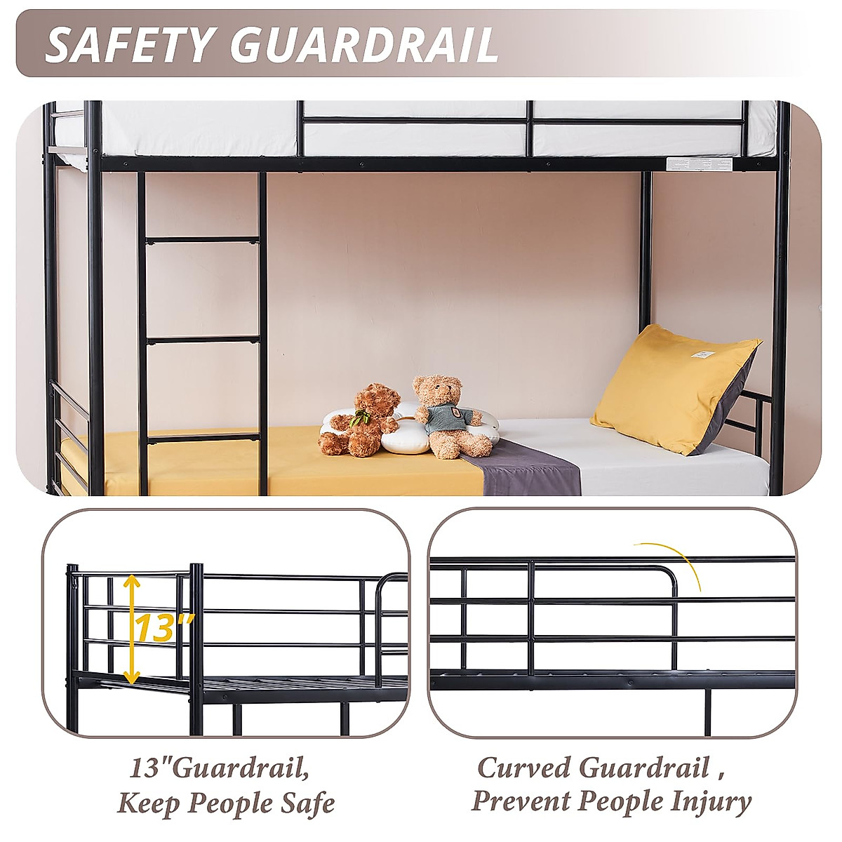 Karl home Black Bunk Bed Twin Over Twin, Metal Bunk Bed with Built-in Ladder and Safety Guardrail, Space-Saving Twin Bunk Beds for Kids, Teens & Adults, No Box Spring