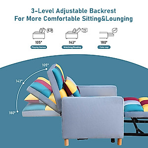 SumKea Convertible Sleeper Sofa Chair Bed, 3 in 1 Multi-Function Folding Ottoman Bed Couch Bed, Sigle Pull-Out Bed with Adjustable Backrest and Pillow for Living Room Apartment Office, Rainbow