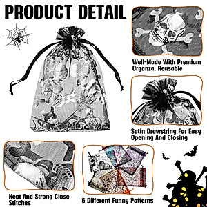 Chumia 270 Pcs Halloween Organza Bags Spider Web Skull Print Treat Bags with Drawstring Sheer Candy Gift Bags for Halloween Party Favors Supplies (4 x 6 Inch)