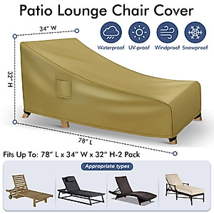Richwon Chaise Lounge Covers Outdoor Waterproof, Heavy Duty Patio Furniture Covers, Outdoor Furniture Covers Pool Lounge Chair Cover Fits up to 78L x 34W x 32H inches, 1 Pack, Khaki