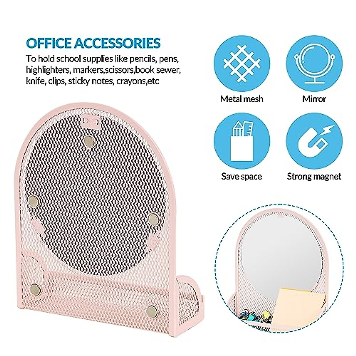 LUCYCAZ Magnetic Locker Accessories, Pink Magnetic Mirror with 2 Magnetic Pen Holder for Girls, Locker organizer for School, Home and Office. Back to School Essentials