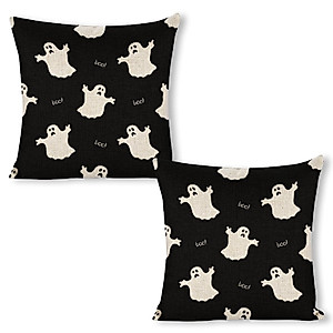 Happy Halloween Cartoon Ghosts Throw Pillow Covers 18×18 Pillowcases Set of 2 Cute Black Linen Decorative Square Pillow Case Cushion Covers Standard Size for Sofa Couch Outdoor Bed Pillow Protectors