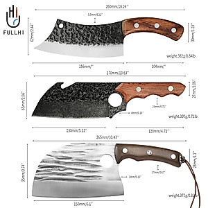 FULLHI 11pcs serbian chefs Knife Set - Hand Forged Boning Knife, High Carbon Steel Chef's Knife, Full Tang Bone Cleaver with Sheath, Serbian Cleaver for Outdoor Camping, BBQ, Kitchen