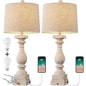 BOBOMOMO 27" Farmhouse 3-Way Dimmable Touch Control Table Lamp Set of 2 with USB A &USB C Charging Ports for Bedroom Living Room Vintage Rustic Traditional Nightstand Bedside Lamps (2 Bulbs Included)