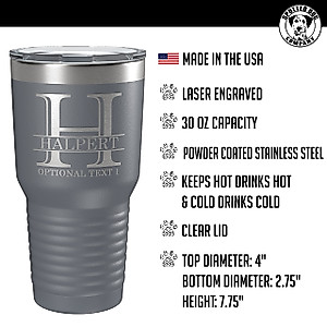 Personalized 30oz (17 Colors) Powder Coated Insulated Stainless Steel Tumbler with Lid, Custom Etched, Customized Engraved Gift Idea for Women Men Her Him, Halpert Monogram Initial Name (Gray)