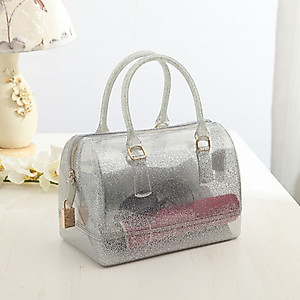 Ladies Summer Jelly Pillow-shaped Top Handle Handbag Candy Color Transparent Crystal Purse (Glitter Silver)