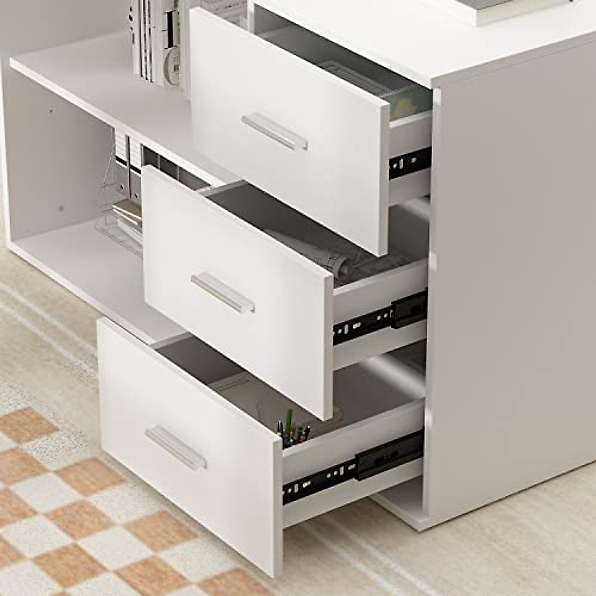 DiDuGo Office Desk with Drawers and Shelves, Home Office Desk L Shaped Desk with Metal Frame, Wood Corner Desk Computer Desk for Office Bedroom White