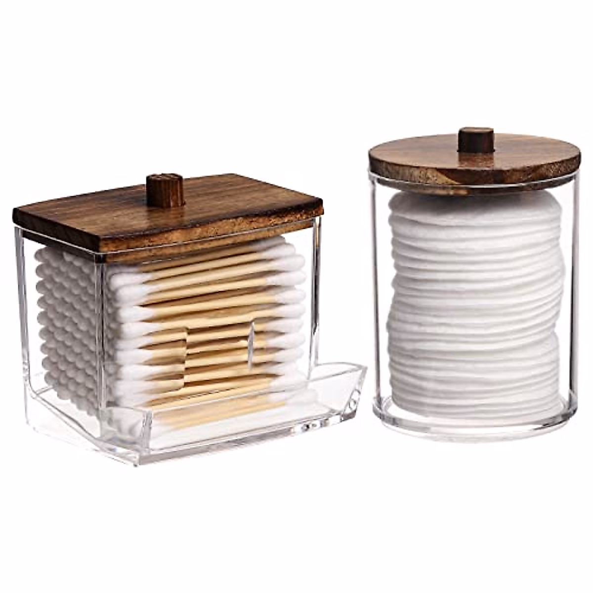 Tbestmax Qtips Holder Bathroom Container with Brown Wood Lids, 10/7 OZ Cotton Ball/Swabs Dispenser, Apothecary Organizer Jar for Storage 2 Pcs