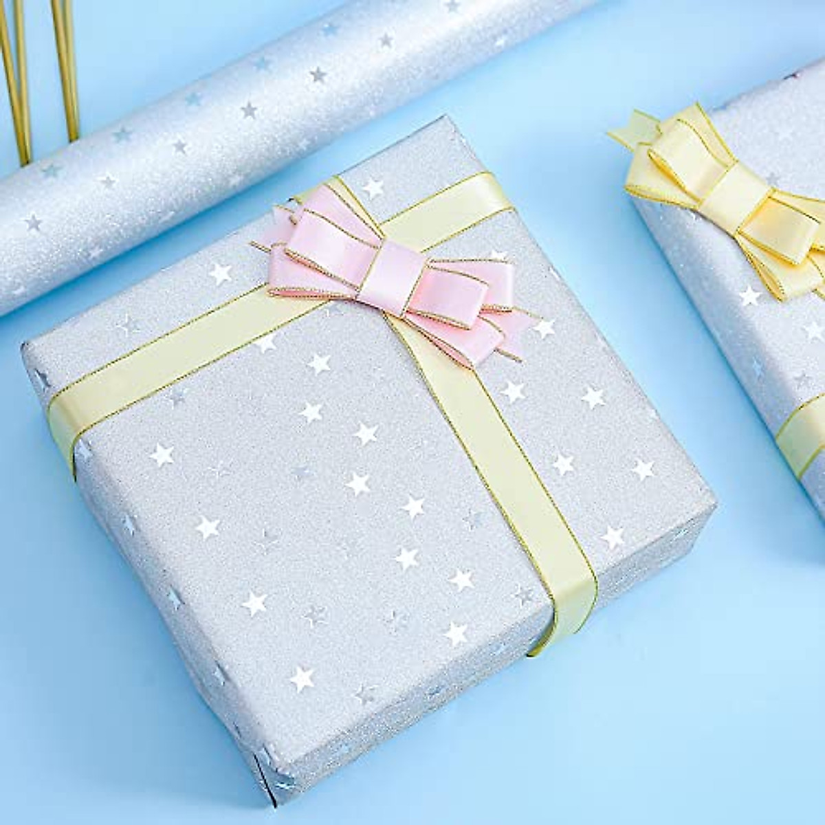 THMORT Glitter Wrapping Paper Roll with a Cutter Kit for Boys&Girls,Kids Babie Adults.17 Inch X 33 Feet Jumbo Rolls Glitter Princess Silver Stars Gift Birthday Wrapping Paper Roll for Baby Shower.