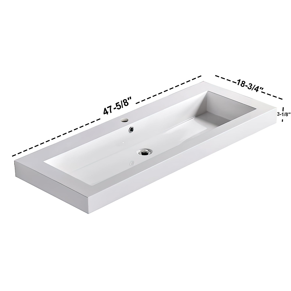 Dowell Long Topmount Single Bathroom Vanity Basin - White Resin, 48 x 18