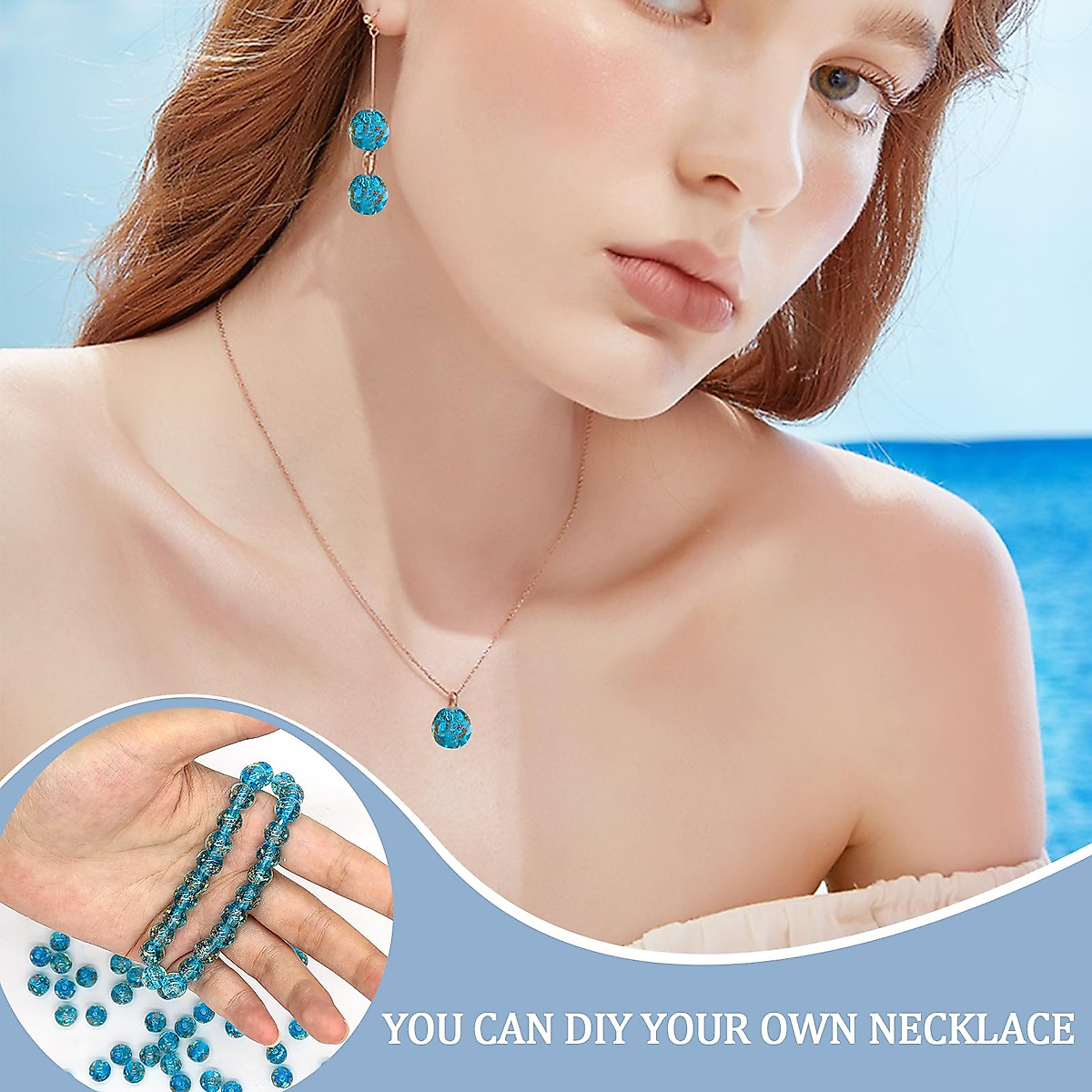 100Pcs Luminous Glass Beads Sky Blue 8mm Round Beads Glow Crystal Loose Beads with Rope for DIY Craft Bracelet Jewelry