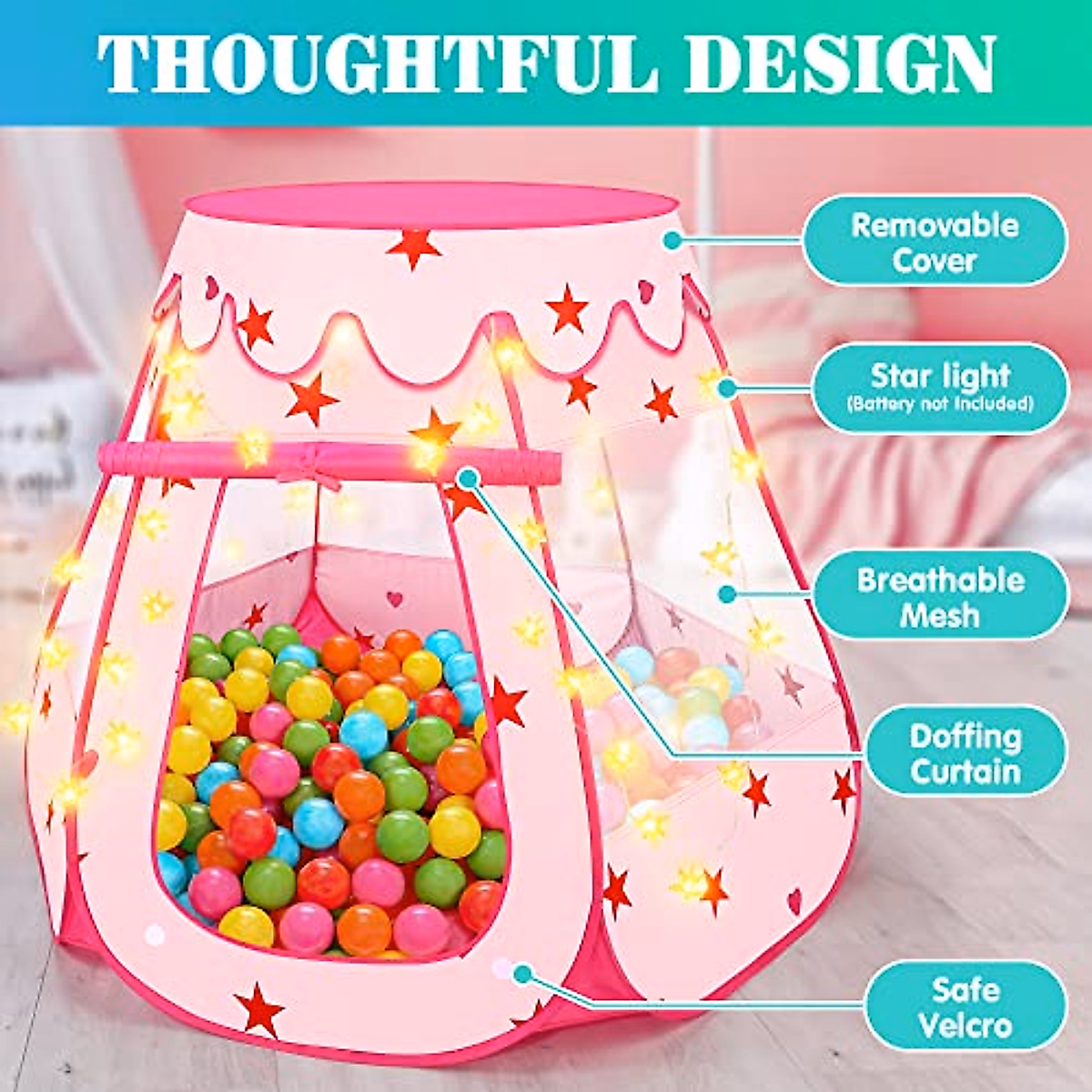 KIDAMI Princess Pop Up Tent with Star Lights for 1 2 3 Year Old Girls Birthday Gift, No Assembly Required, Easy to Fold with Portable Bag, Toddler Baby Girl Toys Kids Ball Pit Indoor Outdoor Playhouse