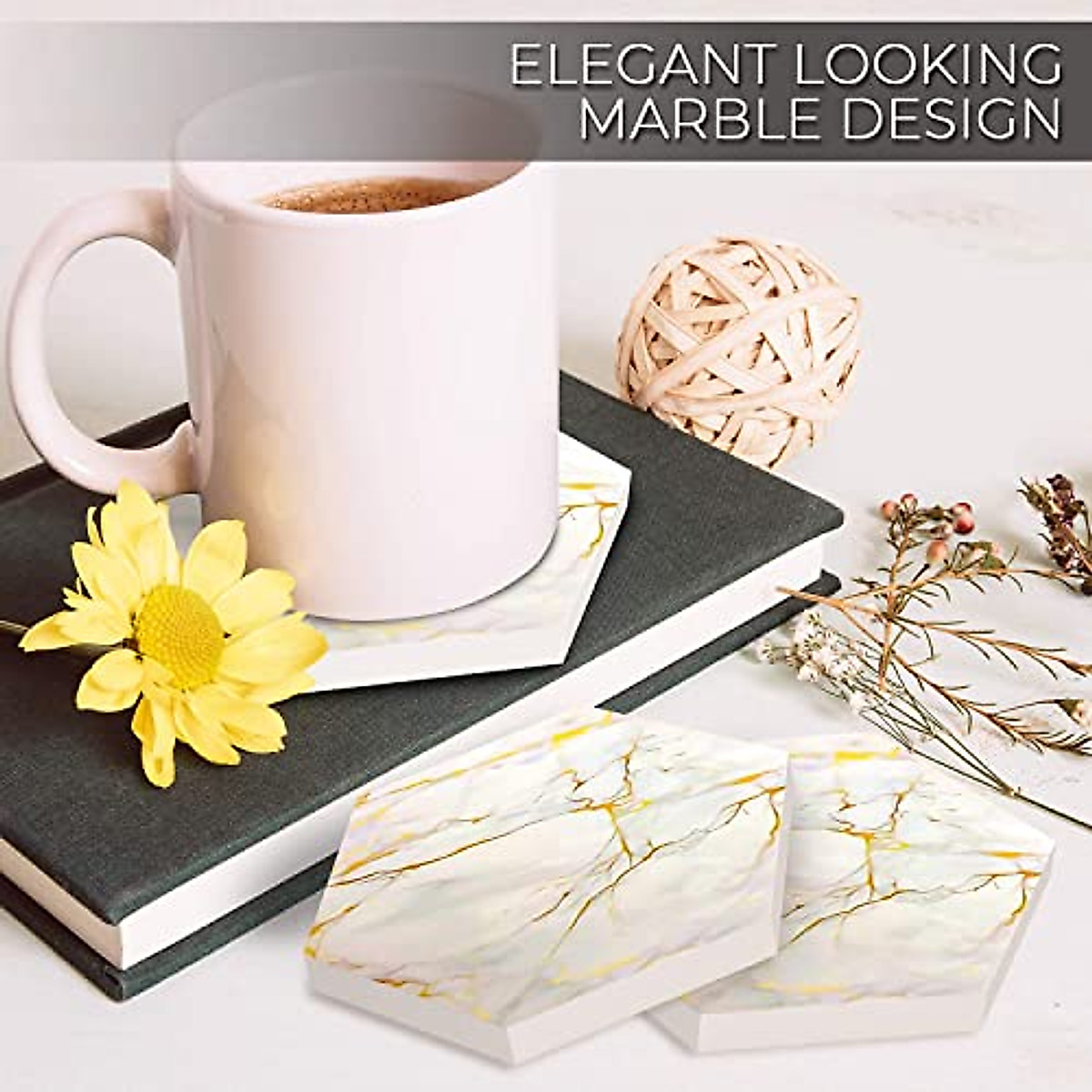 8 PC Coasters for Drinks Absorbent With Holder | Marble Design Ceramic Coaster Set | Super Absorbent Hot and Cold Drink Coasters | Table Coasters With Cork Bottom | Cup Coasters for Living Room + More