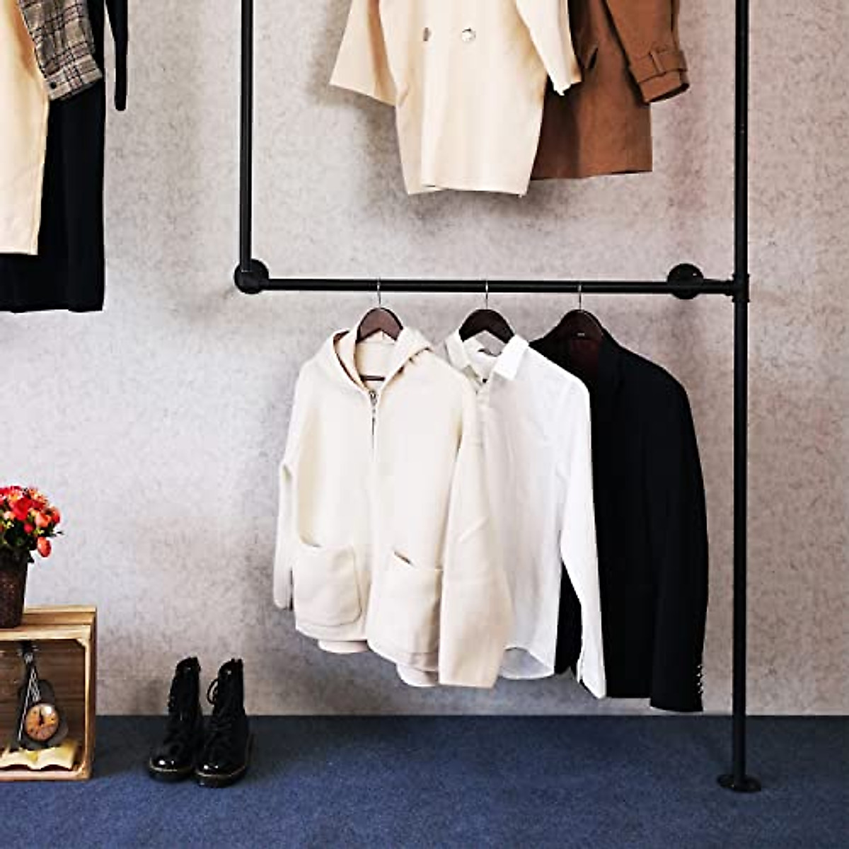 Anynice Industrial Pipe Clothing Rack,Industrial Clothing Rack, Clothing Rods for Hanging Clothes,Clothes Rack,Wall Mounted Garment Rack, Heavy Duty Coat Rack (81.1" W x 14.4" D x83.5 H, ANY-DF33)