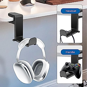 Tandoler for Headset Headphone Hook Holder Hanger Mount, Headphones Stand with Adjustable & Rotating Arm Clamp, Under Desk Design, Universal Fit，Built in Cable Clip Organizer,Black