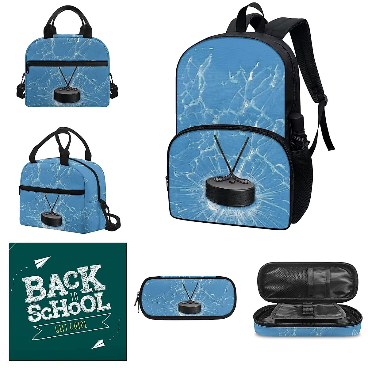 Agoviwo Hockey Graphic School Backpack for Girls 10-12 Aesthetic Book Bag, Lunch Bag and Pencil Case Organizer