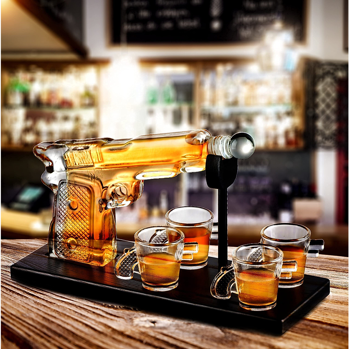 Bezrat Whiskey Gun Decanter Set with 4 Gun Shaped Shot Glasses on on Mahogany Tray - Old Fashioned Bourbon Liquor Drinks Rocks Glasses Dispenser Set, Gift Box
