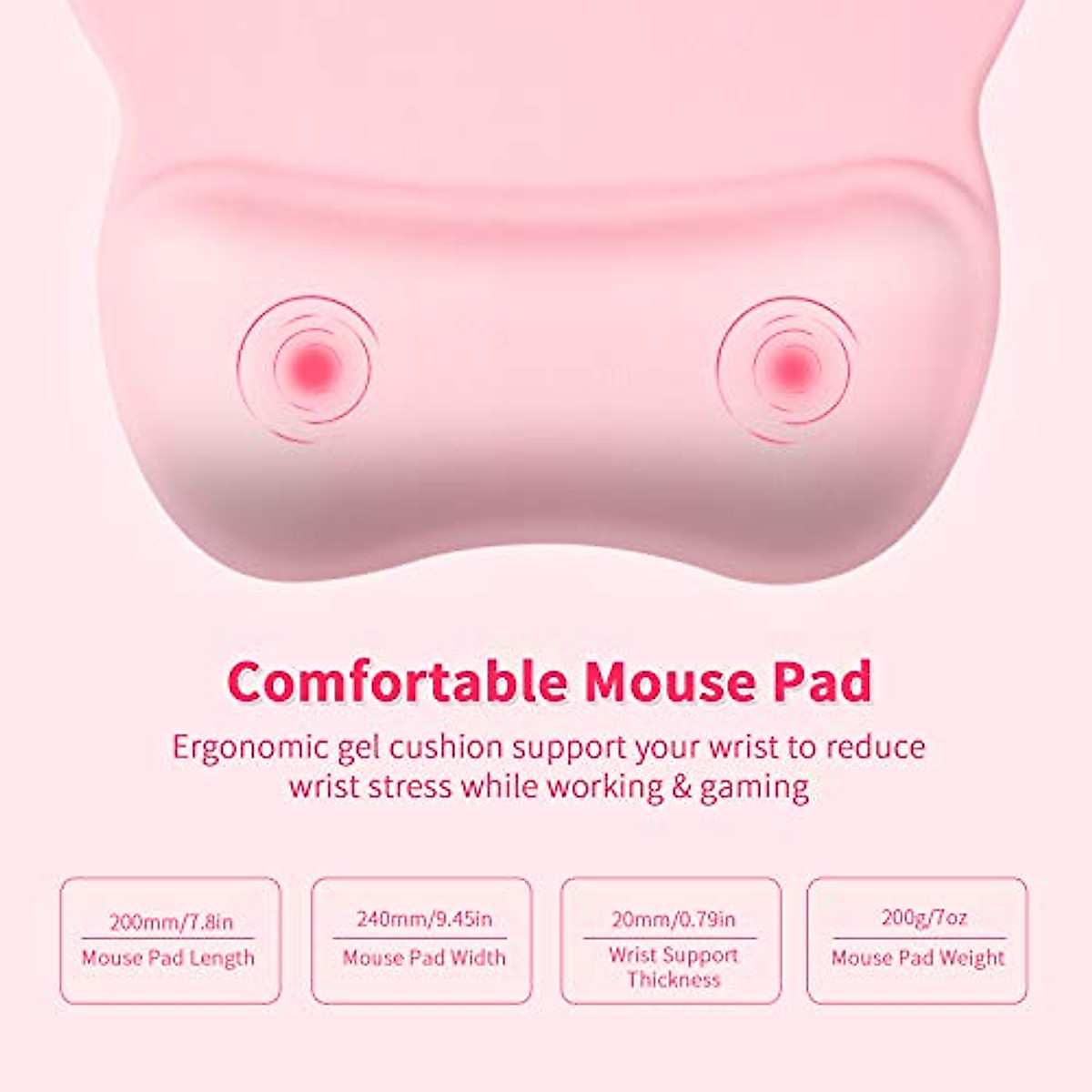 Ergonomic Gaming Mouse Pad with Wrist Support Gel Rest for Laptop at Internet Cafe, Home & Office, Non-Slip Silicone Base Mouse Mat MP04PN - Pink