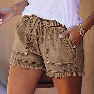 MOMEITU Women's Casual Mid Rise Denim Shorts Grunge Clothes Mid Waist Stretch Ripped Raw Hem Jean Shorts Grunge Clothes (Brown,M)