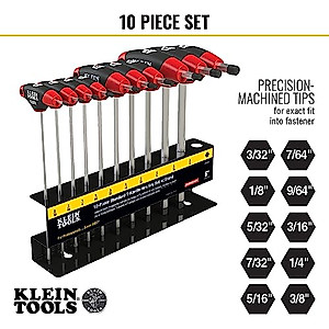 Klein Tools JTH610E T-Handle Hex Key Set, SAE Inch Sizes Allen Wrench Set with 6-Inch Blades, Stand Included, 10-Piece