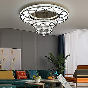 W24'' Modern Crystal Chandeliers Living Room Crystal Ceiling Chandeliers Crystal 3 Ring Pendant light Chandeliers Dining Round Fixture Bedroom Empire Remote Dimmable LED (3000K-6000K) Fixtures