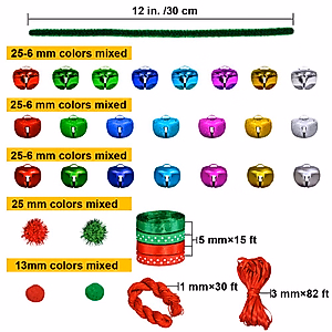 Winlyn 475 Set Christmas Jingle Bell Wreath Christmas Tree Ornaments Craft Kit Jingle Bell Metallic Chenille Stems Glitter Pom-Poms Ribbon Assortment for Kids Holiday Xmas Bracelets Necklaces Artwork