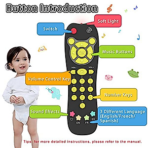 KALUYA Baby TV Remote Toy, Toddlers Remote Control Toy Kids Realistic Play Remote Early Educational Baby Musical Toys with Light and Sound English French Spanish for Infant Boys Girls 6 Month+, Black
