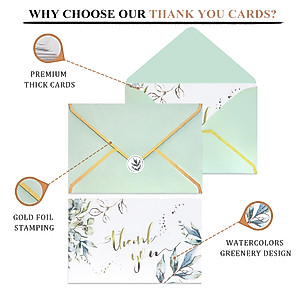 PASEOTA Heavy Duty Thank You Cards with Envelopes Bulk, 4x6 Inches Watercolor Greenery Thank You Notes, Thank You Cards for Wedding Bridal Baby Shower Business, 20 Pack