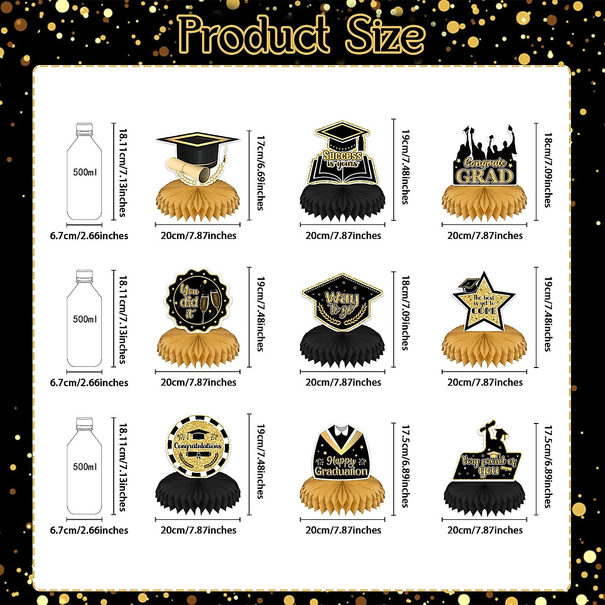 9PCS Graduation Party Decorations Class of 2024 Congrats Grad Table Centerpiece Congratulate Graduation Black and Gold Honeycomb Table Toppers for Graduation Party Supplies