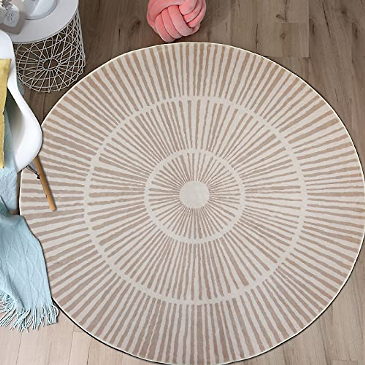 Lacomfy Modern Abstract Rug 5.2Ft Large Round Bedroom Rug Soft Mat Contemporary Living Room Rug Nonslip Floor Carpet Geometric Dining Room Rug Circle Carpet Throw Rug for Home Decor, Coffee