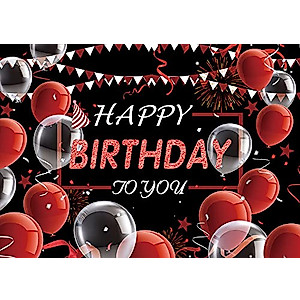 VOUORON Happy Birthday Photography Backdrop Red and Black Balloon Confetti Birthday Decor Photo Background for Kids Men Women Anniversary Birthday Party Banner Supplies 7x5FT