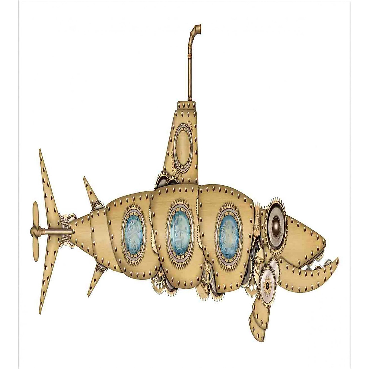 Ambesonne Steampunk Duvet Cover Sets, Barracuda Fish Shape Inspired Submarine Image with Weathered Effect, Bedding Set with 2 Duvet Covers 4 Pillowcases, 2 Pack Cal King Size, Beige Pale Blue White
