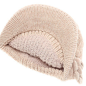MIRMARU Women’s Knitted Newsboy Hat Double Layer Visor Beanie Cap with Soft Warm Fleece Lining(Cable Knit with Flower-Oatmeal)
