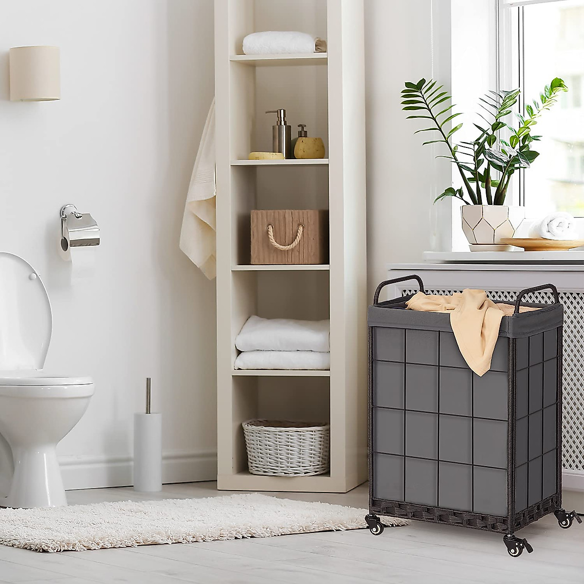 Laundry Hamper with Heavy Duty Rolling Lockable Wheels; Durable Laundry Basket with Detachable Liner Bag; Collapsible Clothes Hamper with Metal Handle (Grey)