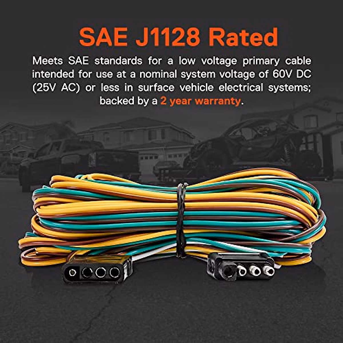 ONLINE LED STORE 4 Pin Flat Trailer Light Wiring Harness Kit [Wishbone-Style] [SAE J1128 Rated] [25' Male & 4' Female] [18 AWG Color Coded Wires] 4 Way Flat 5 Wire Harness for Utility Boat Lights Kits