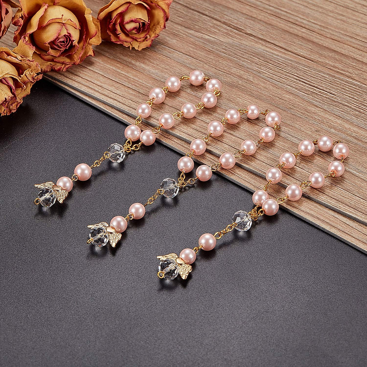30 Pieces Baptism Rosary Acrylic Rosary Beads Mini Rosaries with Angel for The First Communion Baptism Party Favors (Pink Gold)