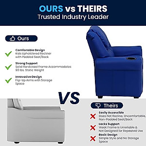 Flash Furniture Vana Vinyl Kids Recliner with Cup Holder, Headrest, and Safety Recline, Contemporary Reclining Chair for Kids, Supports up to 90 lbs., Blue