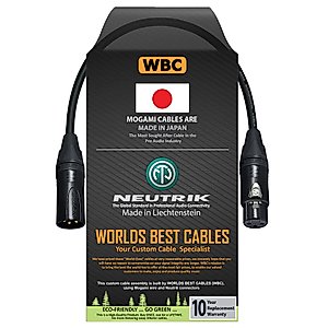 WORLDS BEST CABLES 0.5 Foot – Quad Balanced Microphone Cable Custom Made Using Mogami 2534 Wire and Neutrik NC3MXX-B Male & NC3FXX-B Female XLR Plugs.