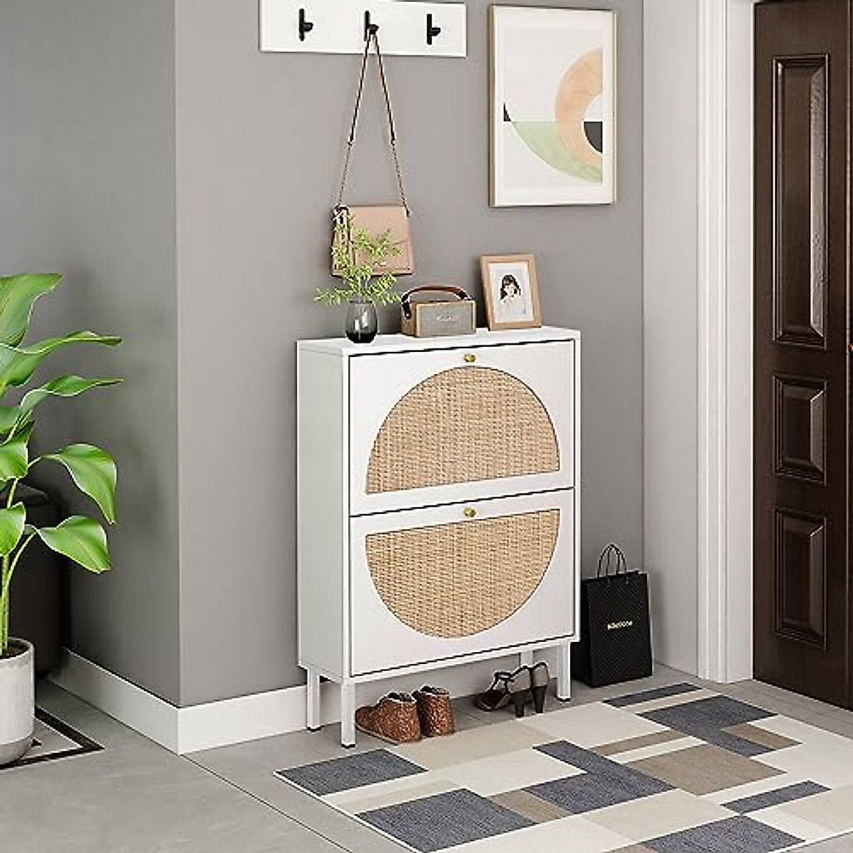 Goderfuu Rattan Shoe Cabinet with 2 Flip Drawers, Shoe Rack for Entryway Shoe Storage Cabinet, 2 Tier Small Shoe Cabinet Slim Shoe Storage Cabinet, White Shoe Cabinet for Heels, Boots, Slippers