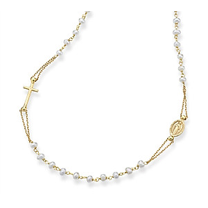 Miabella 18K Gold Over 925 Sterling Silver Handmade Italian White Freshwater Pearl Ball Beaded Sideways Rosary Cross Necklace for Women, Made in Italy (Length 18 Inch)