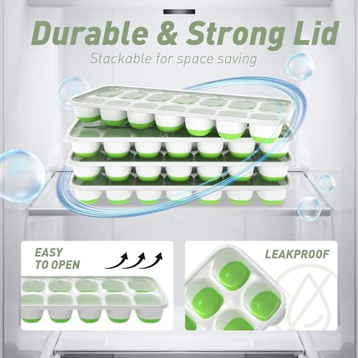 Chefaide Ice Cube Tray with Lid, 4 Pack Durable Stackable Ice Cube Trays for Freezer with Removable Lids, Easy-Release Plastic & Silicone Ice Tray for Cocktail, Coffee